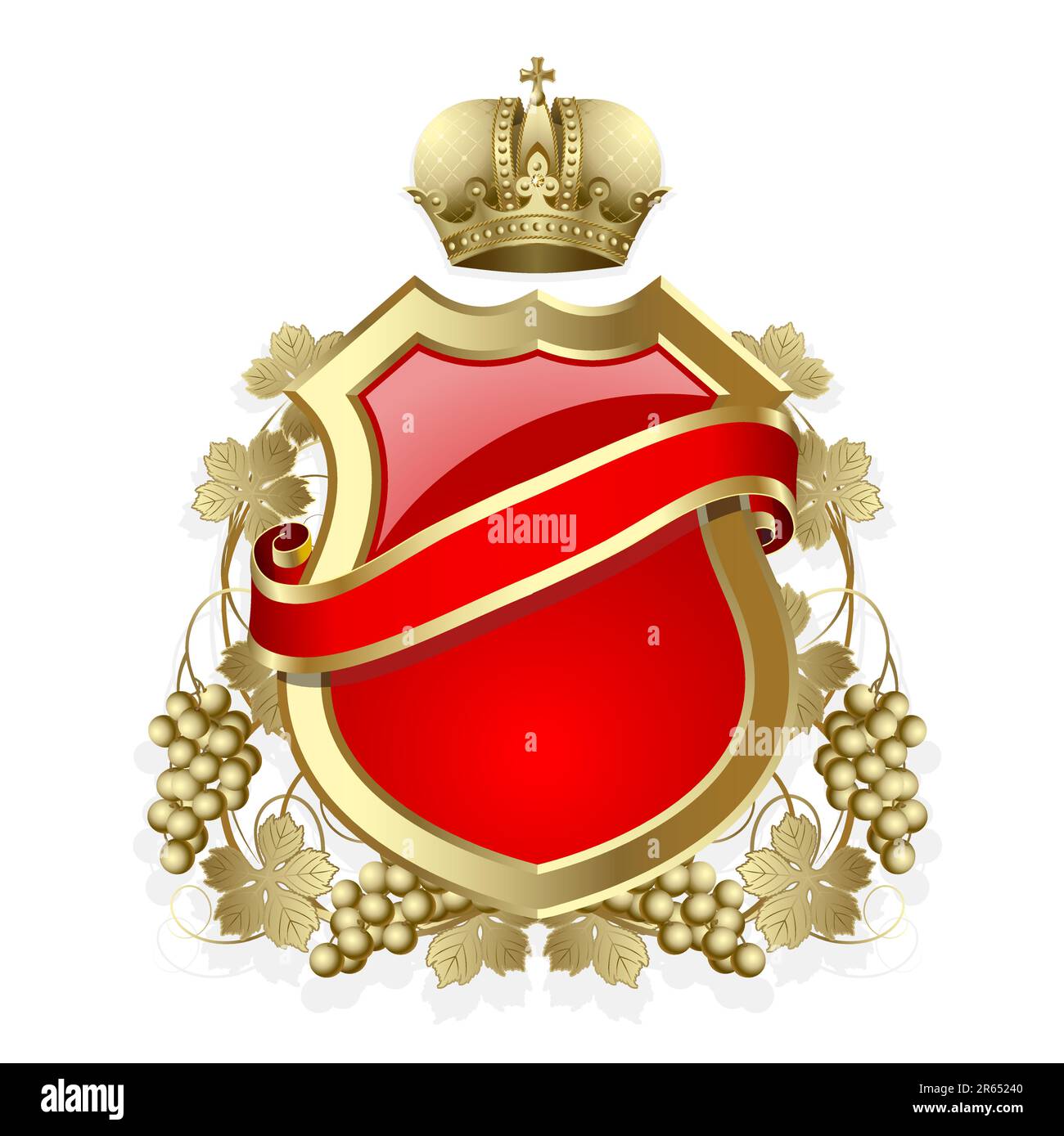 Gold-framed label with vine and red ribbon on the white background ...