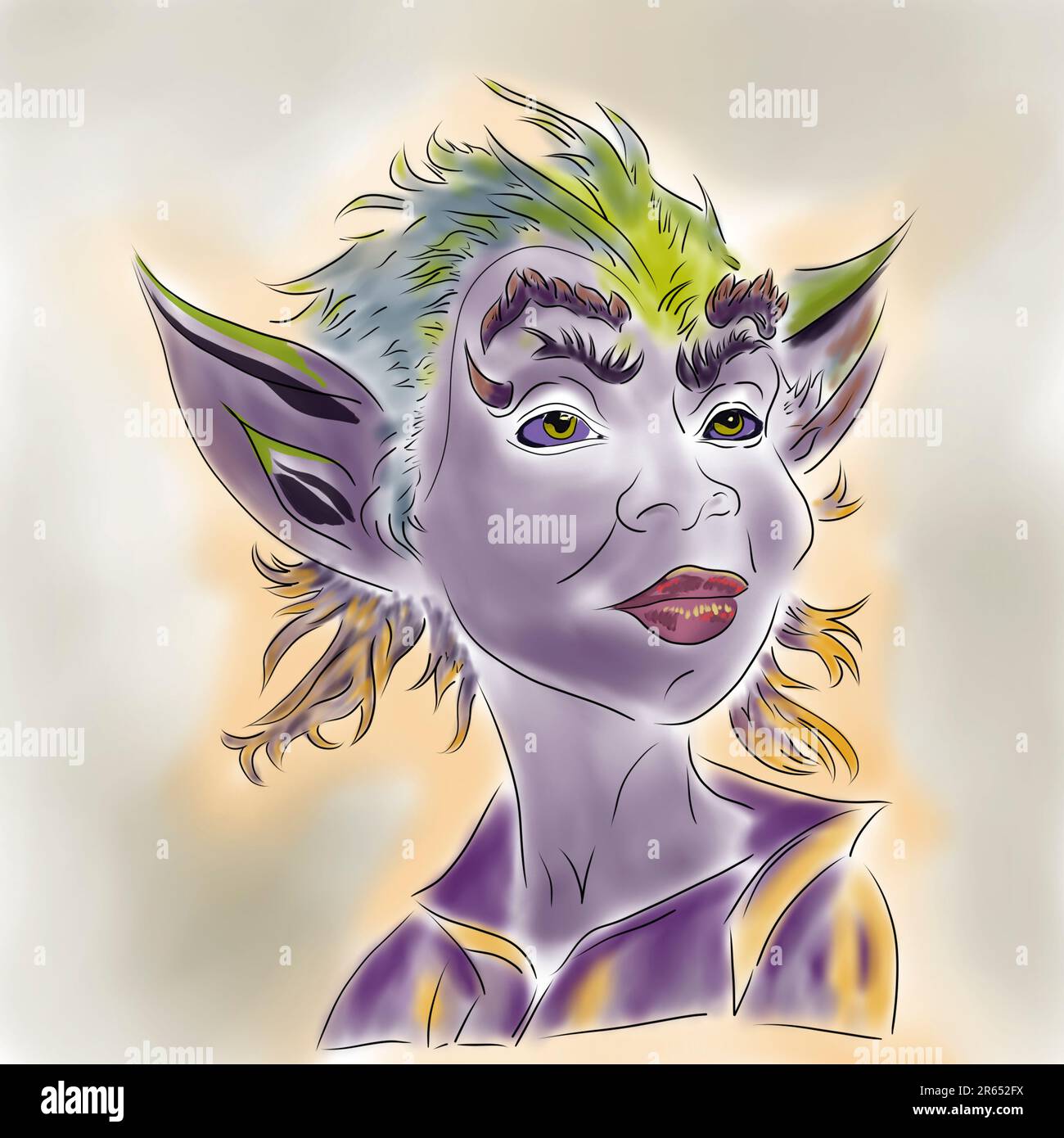 Female goblin with a slight grin hand drawn illustration. Color ...