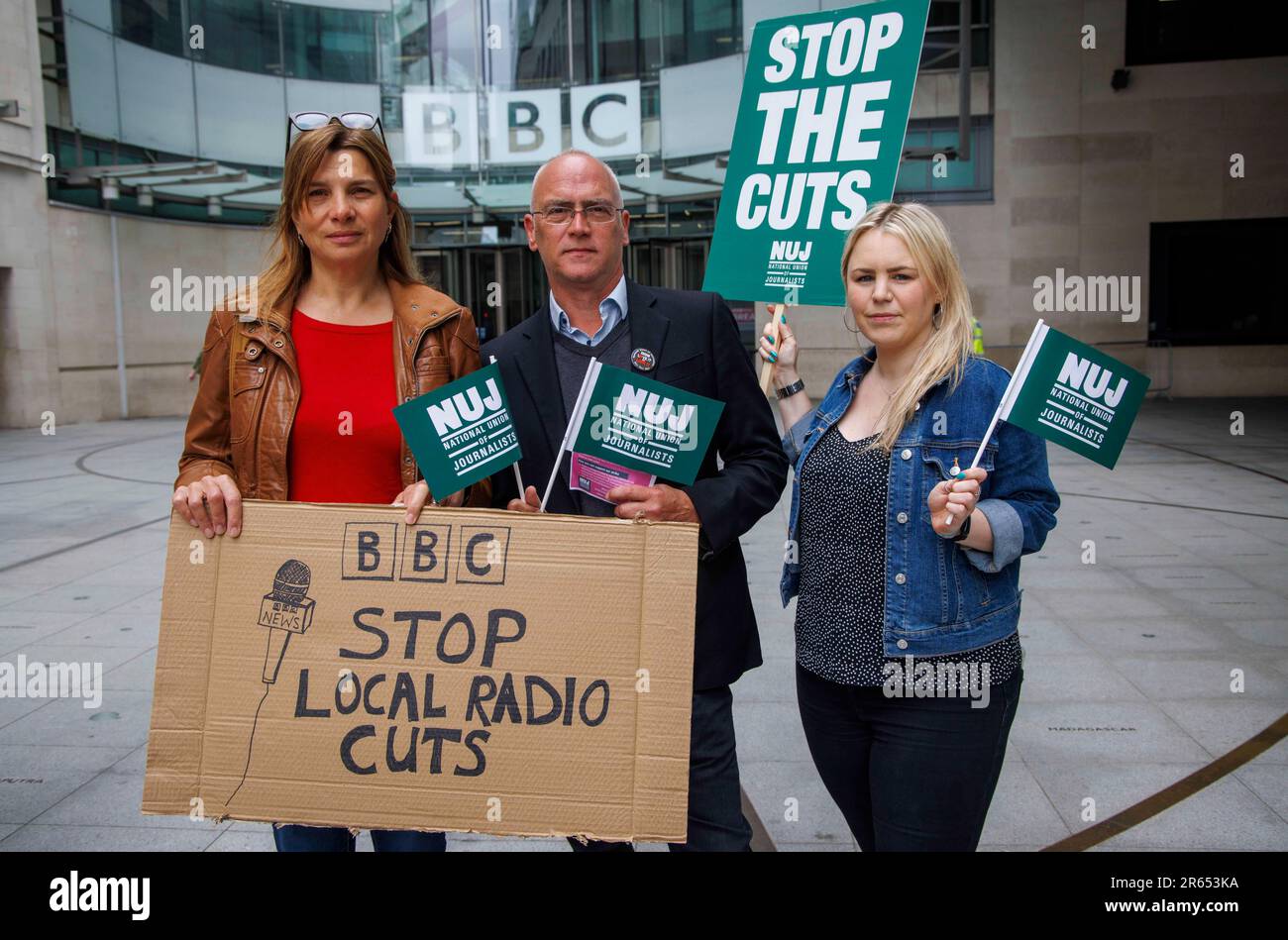 London, UK. 7th June, 2023. Journalists demonstrate outside the BBC ...