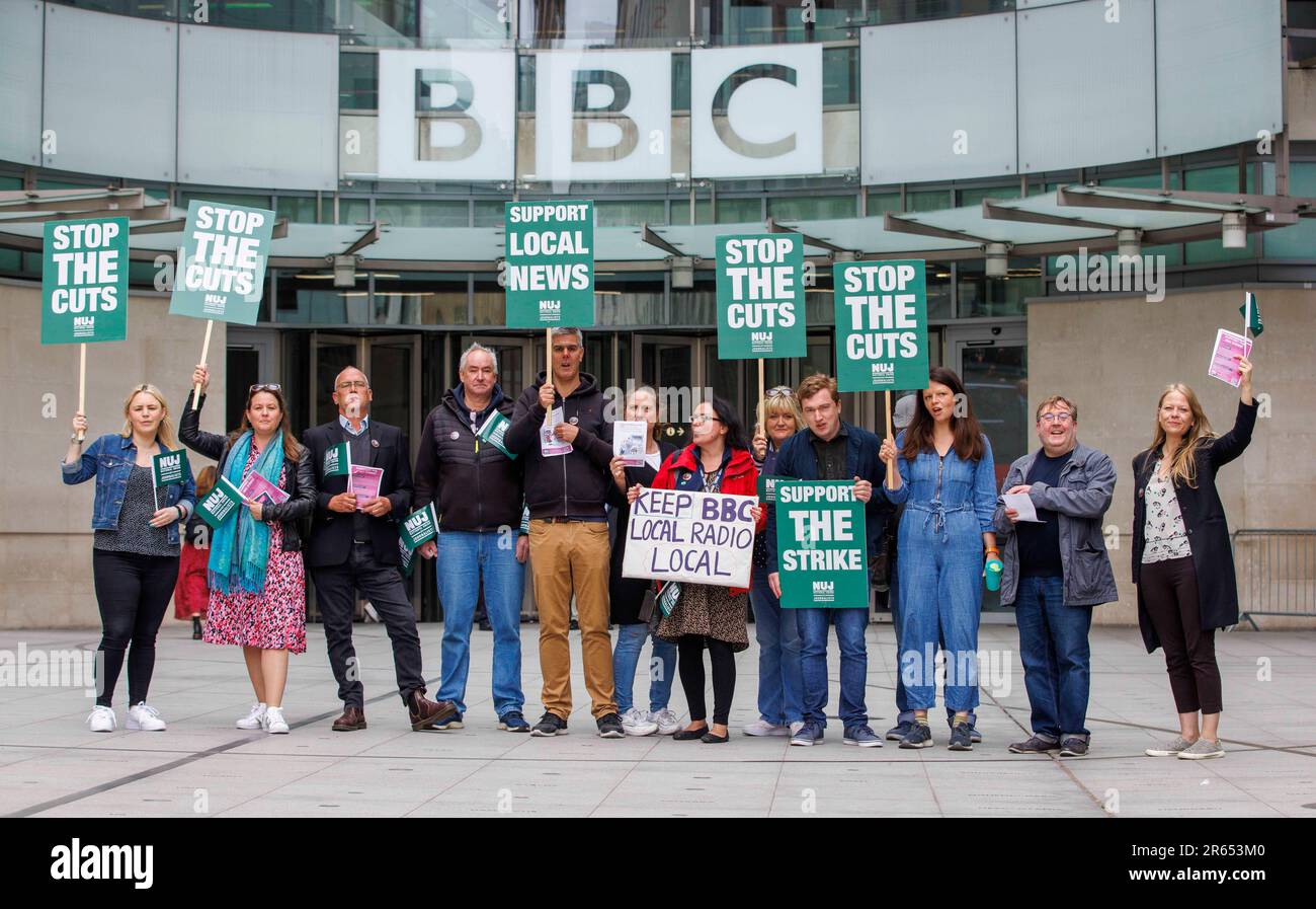 London, UK. 7th June, 2023. Journalists demonstrate outside the BBC ...