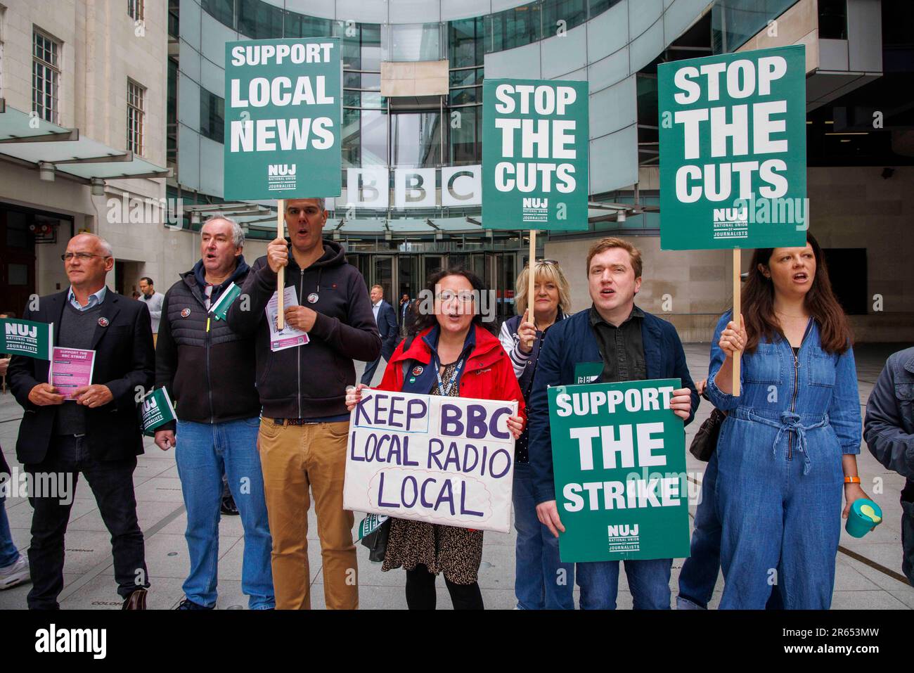 London, UK. 7th June, 2023. Journalists demonstrate outside the BBC ...