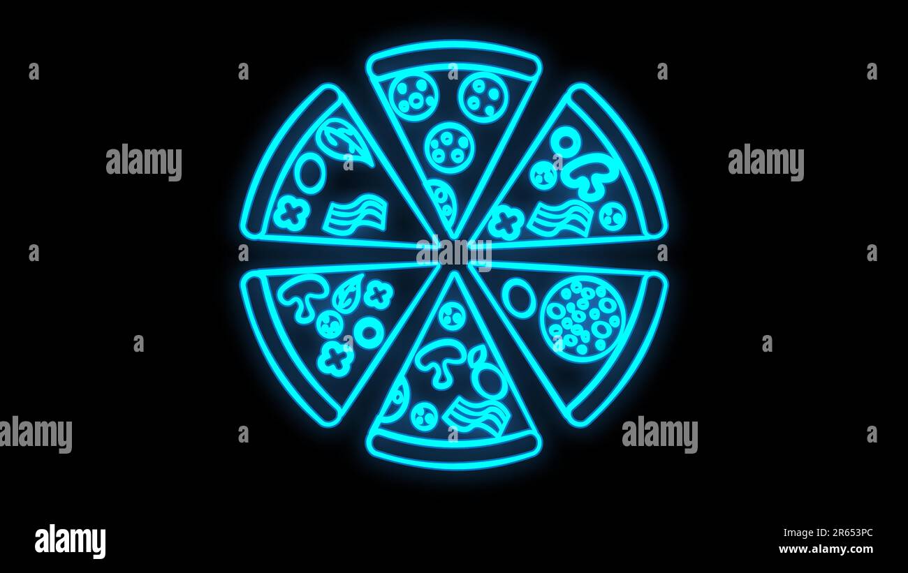 Colorful neon pizzeria signboard vector flat illustration. Bright pizza ...