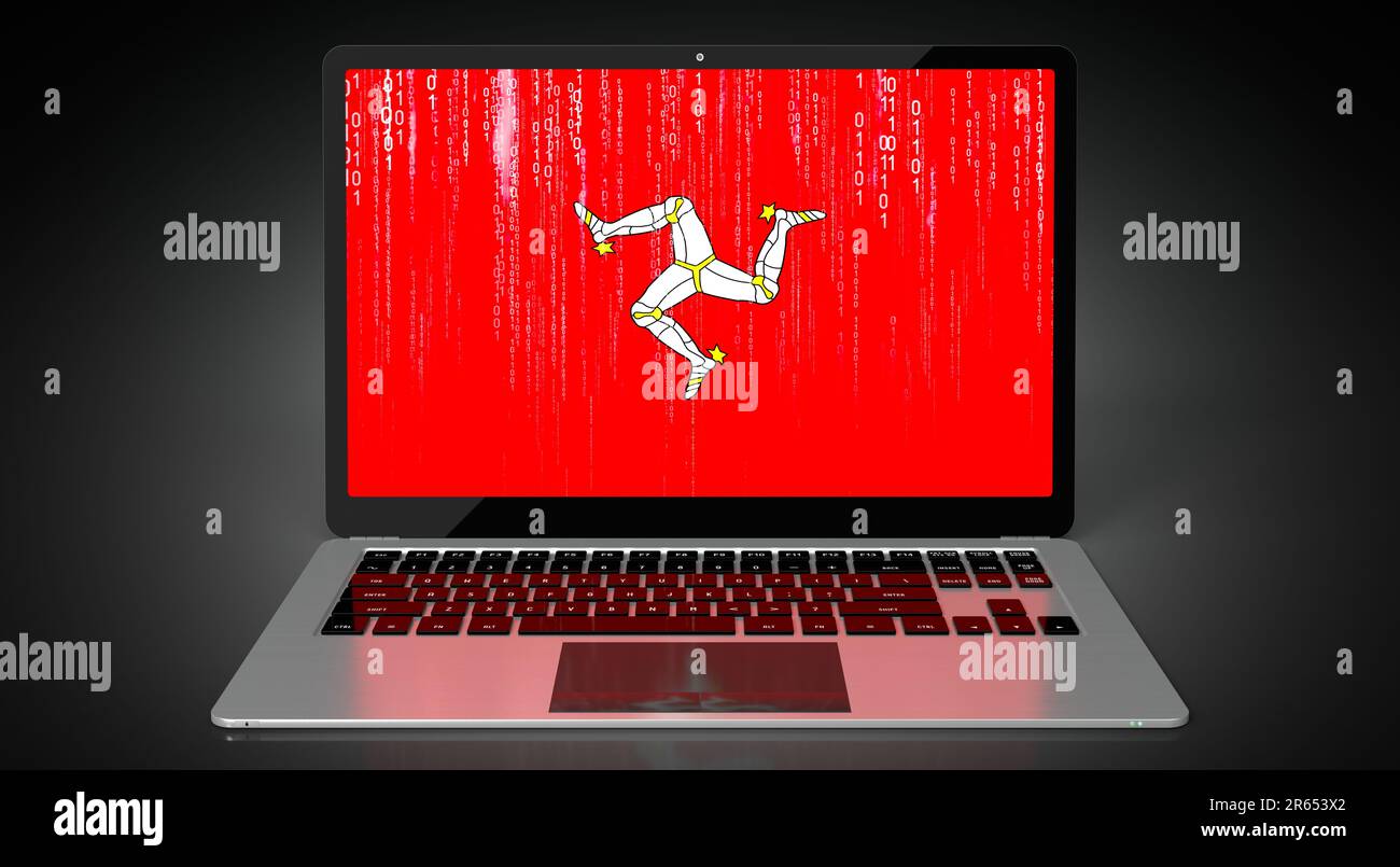Isle of Man - country flag and binary code on laptop screen - 3D ...