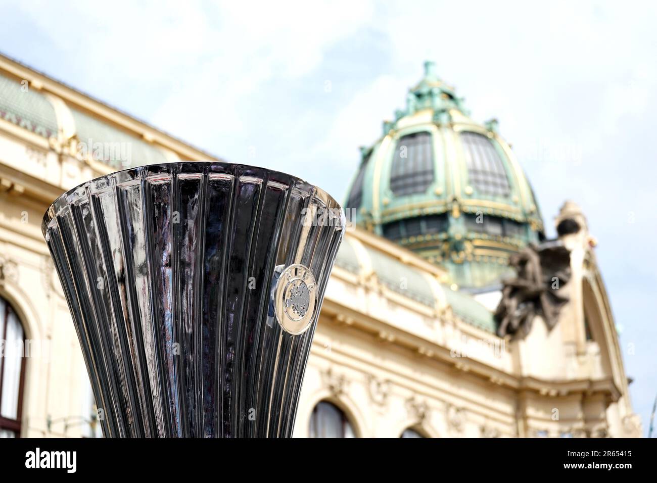 A replica of the Europa Conference League trophy in Old Town Square ...
