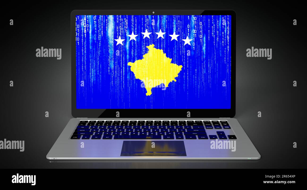 Kosovo - country flag and binary code on laptop screen - 3D ...