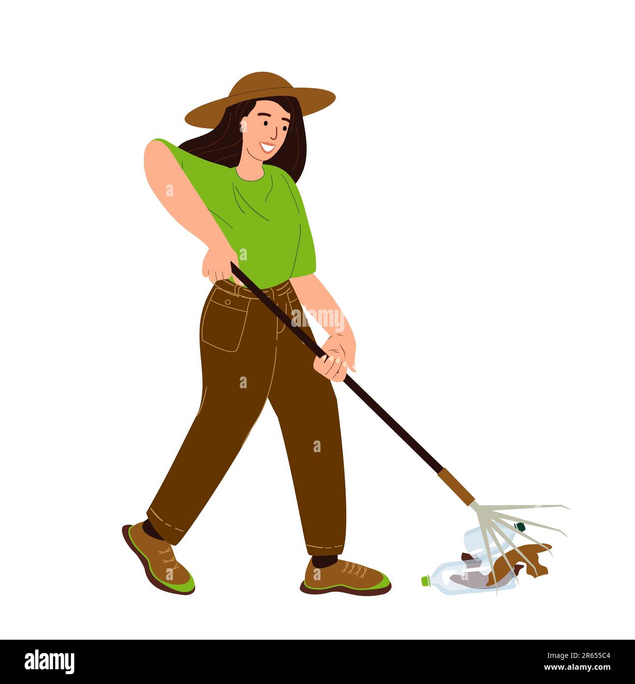 Young woman raking litter with raker.Female Volunteer cleaning ... Young woman raking litter with raker.Female Volunteer cleaning ...