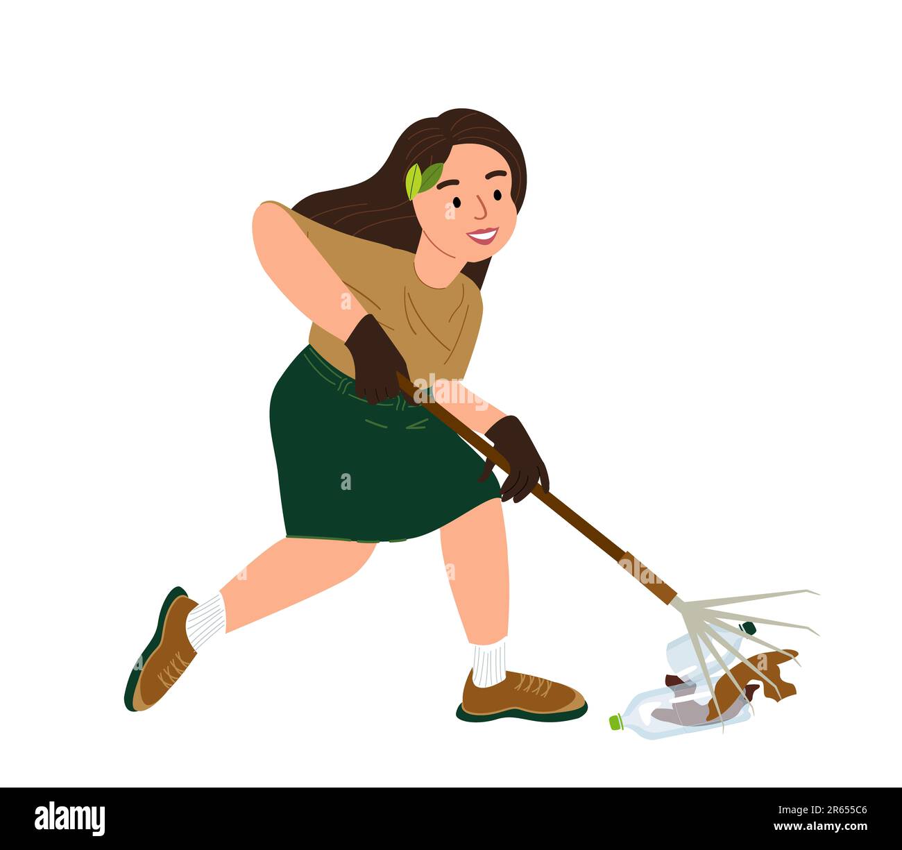 Kid Girl raking litter with raker.Child Volunteer cleaning environment ...