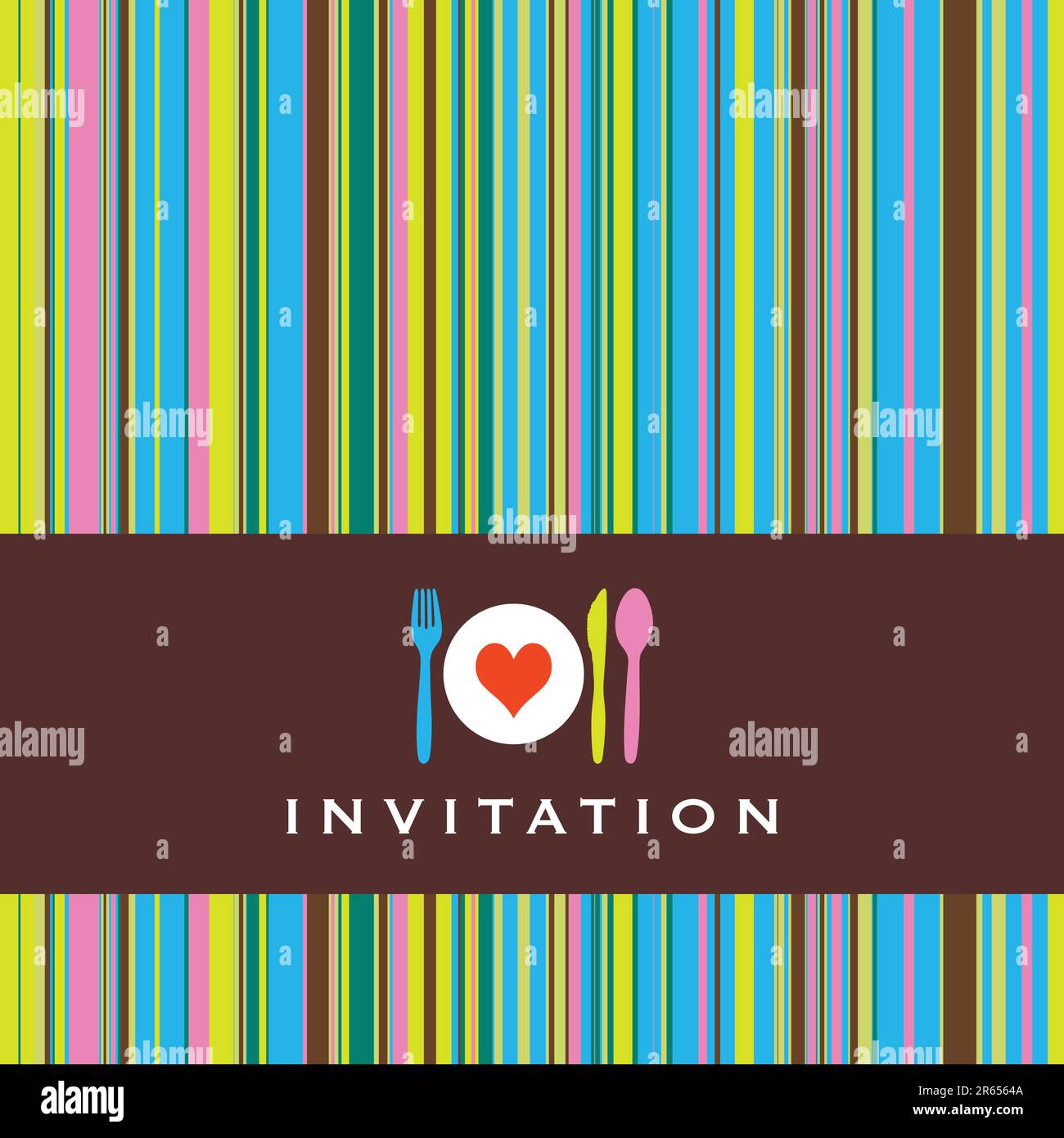 Dinner invitation with spoon, fork, knife and dinnerplate, striped ...