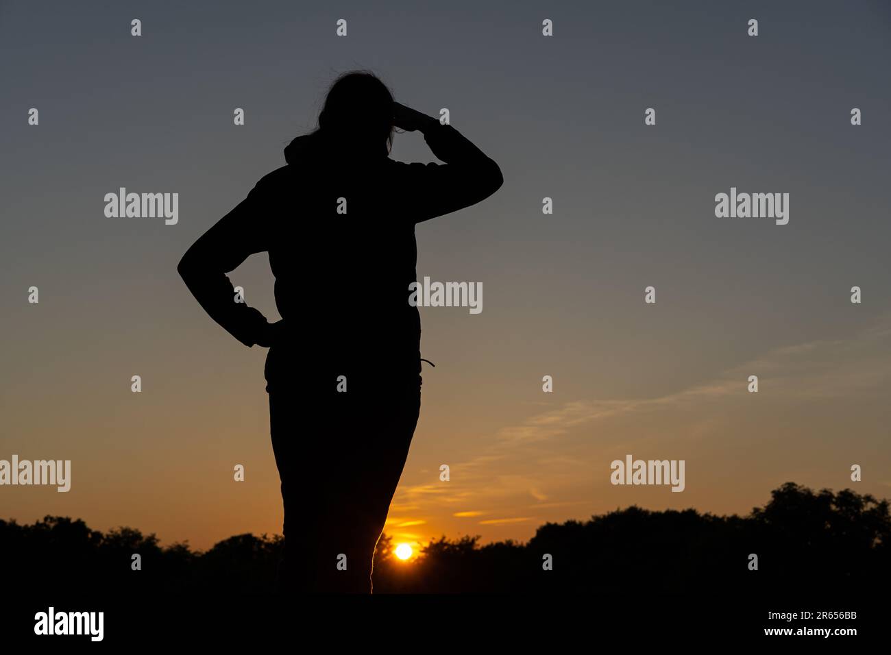 Rear view silhouette of a woman looking over a field towards a sunset ...