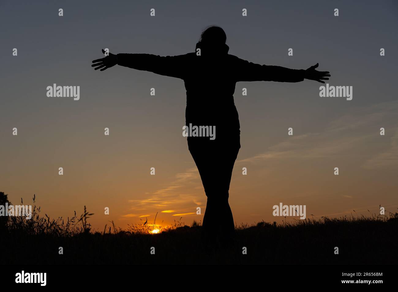 Rear view silhouette of a woman looking over a field towards a UK ...