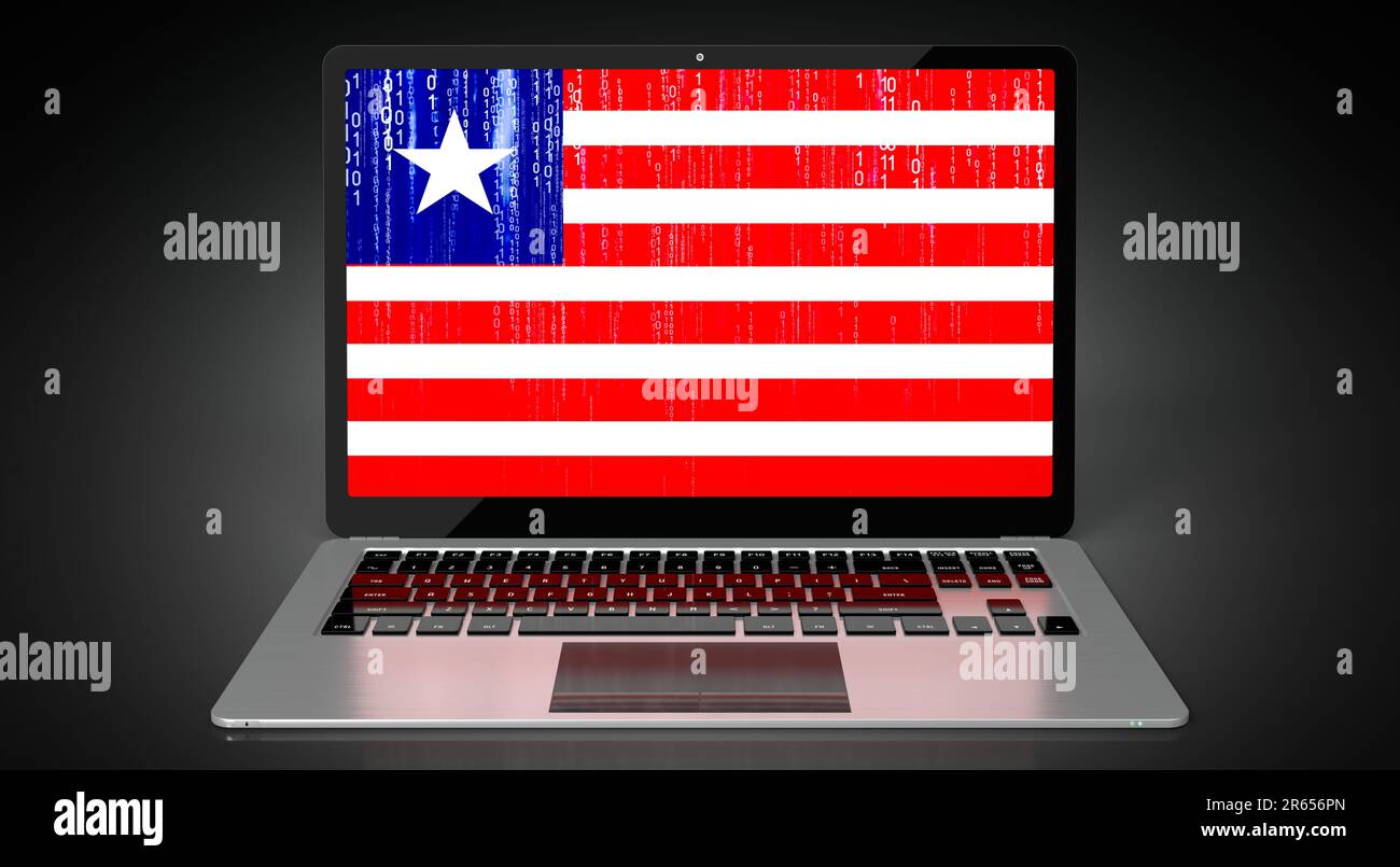 Liberia - country flag and binary code on laptop screen - 3D ...