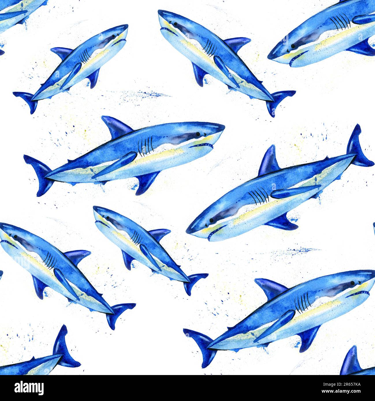 Watercolor great white shark seamless pattern . Ocean seamless pattern ...