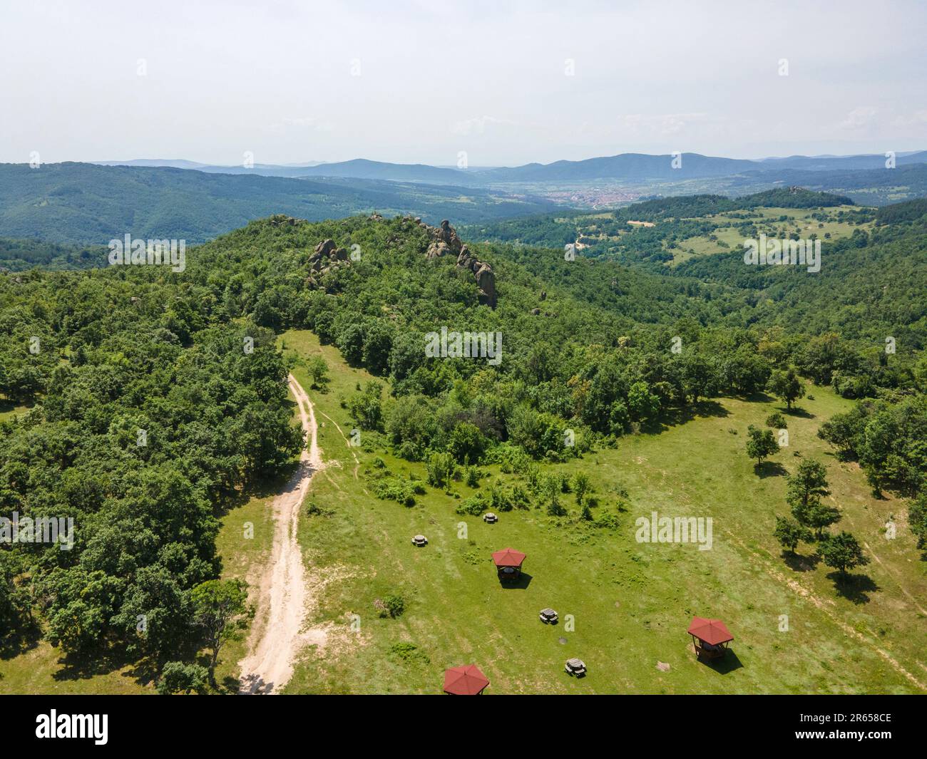 Aerial view of ancient thracian Sanctuary Skumsale near town of ...