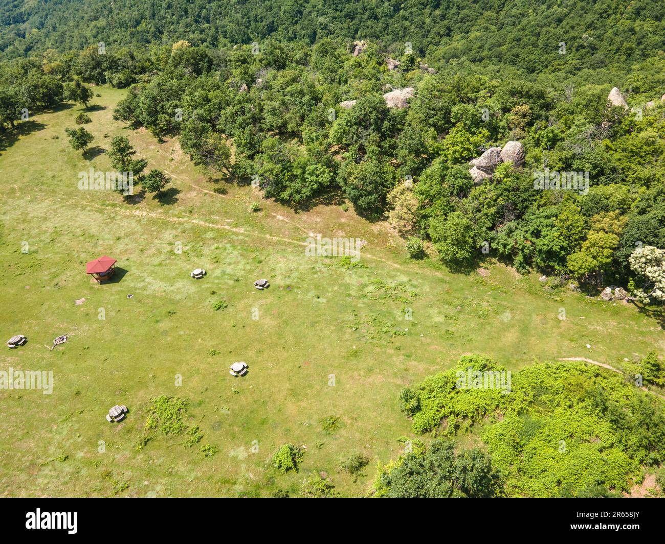 Aerial view of ancient thracian Sanctuary Skumsale near town of ...