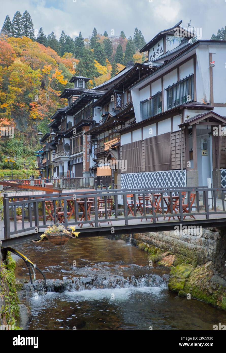 Ginzan Onsen and autumn leaves Stock Photo - Alamy