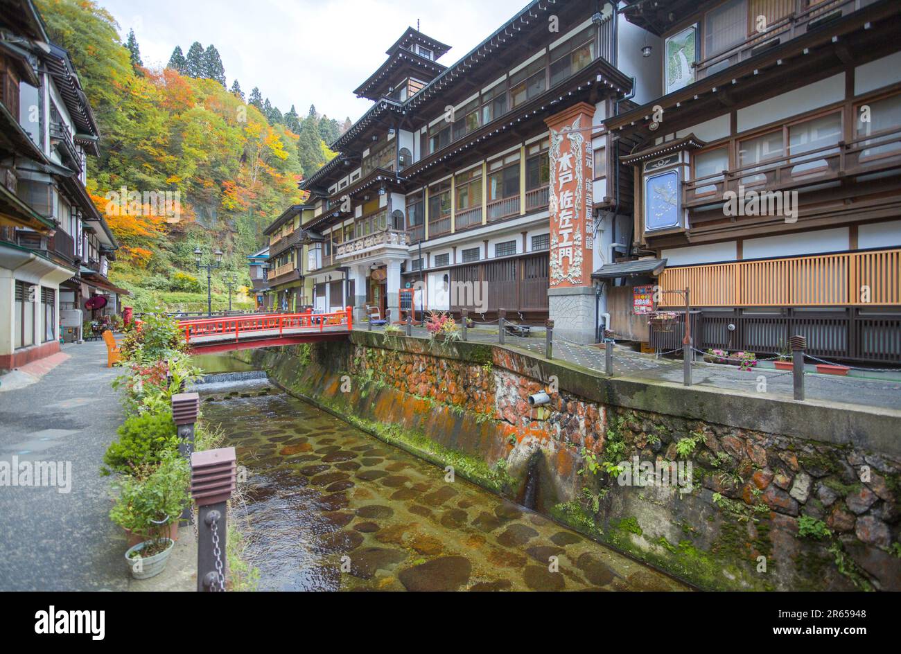 Ginzan Onsen and autumn leaves Stock Photo - Alamy