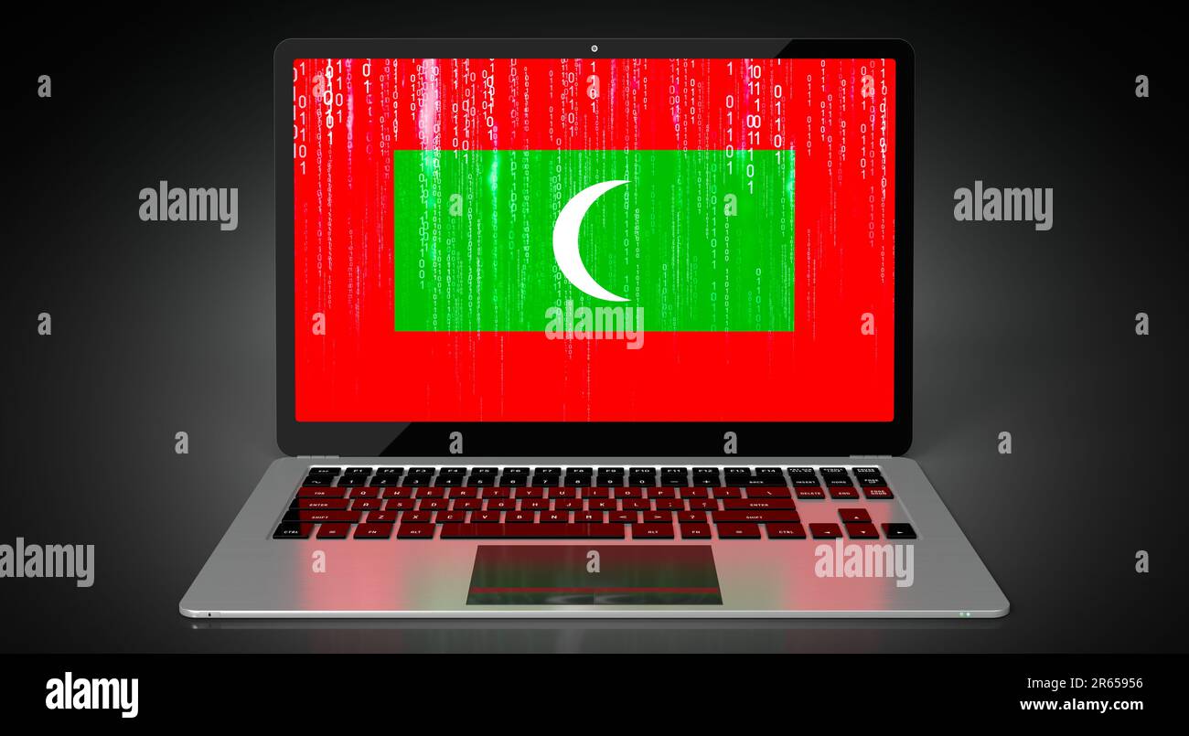 Maldives - country flag and binary code on laptop screen - 3D ...