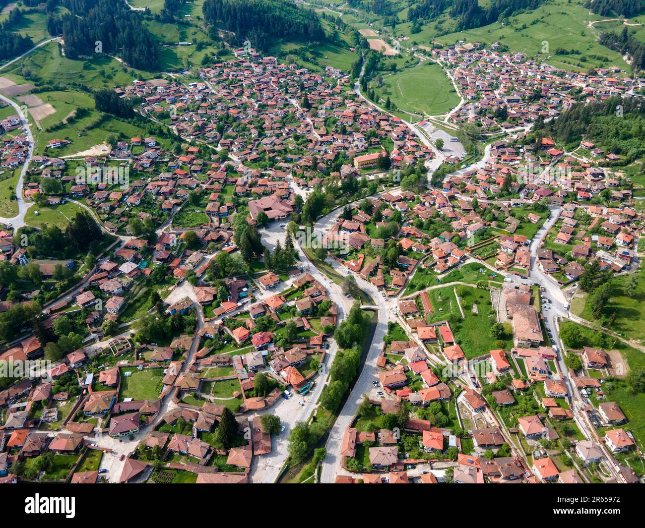 Aerial Spring view of historical town of Koprivshtitsa, Sofia Region ...