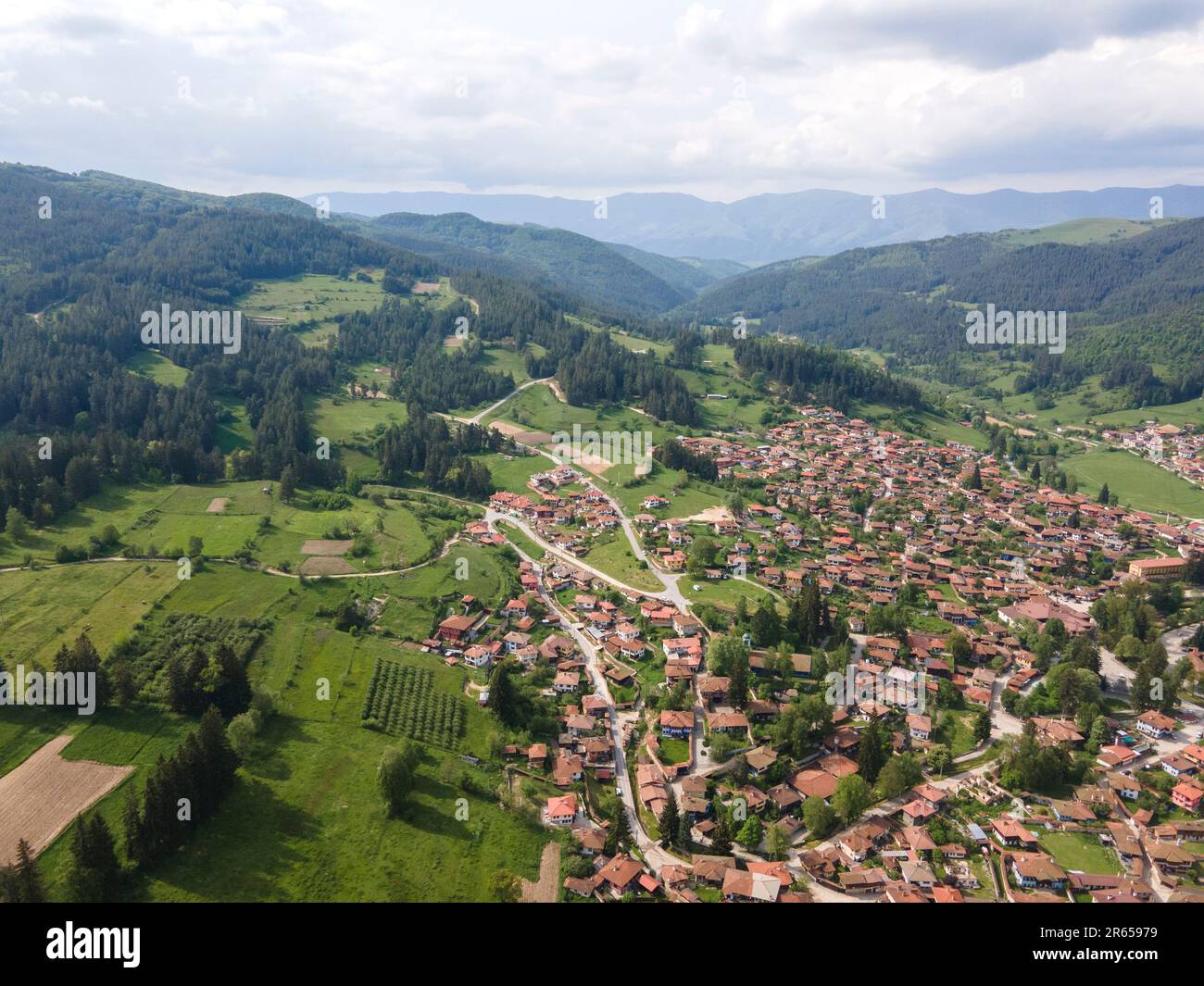 Aerial Spring view of historical town of Koprivshtitsa, Sofia Region ...