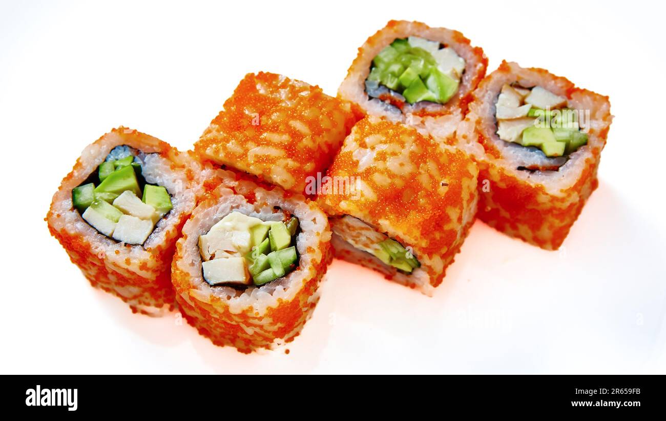 California Maki Sushi with Masago. Roll made of Crab Meat, Avocado ...