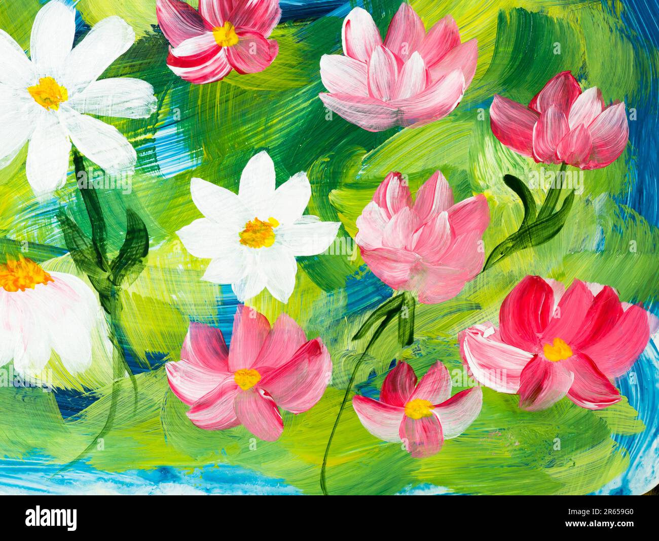Abstract daisy flowers, original hand drawn, impressionism style, color ...