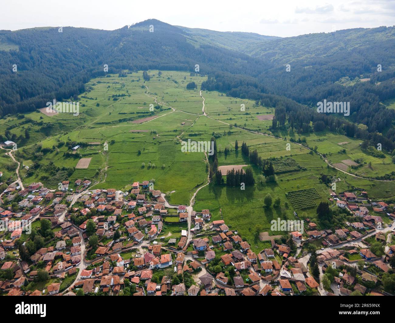 Aerial Spring view of historical town of Koprivshtitsa, Sofia Region ...
