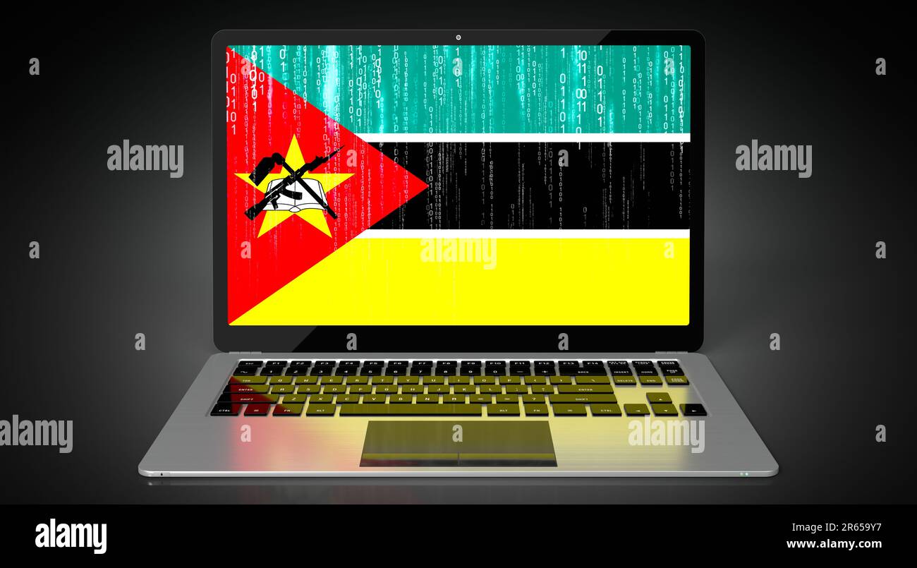 Mozambique - country flag and binary code on laptop screen - 3D ...