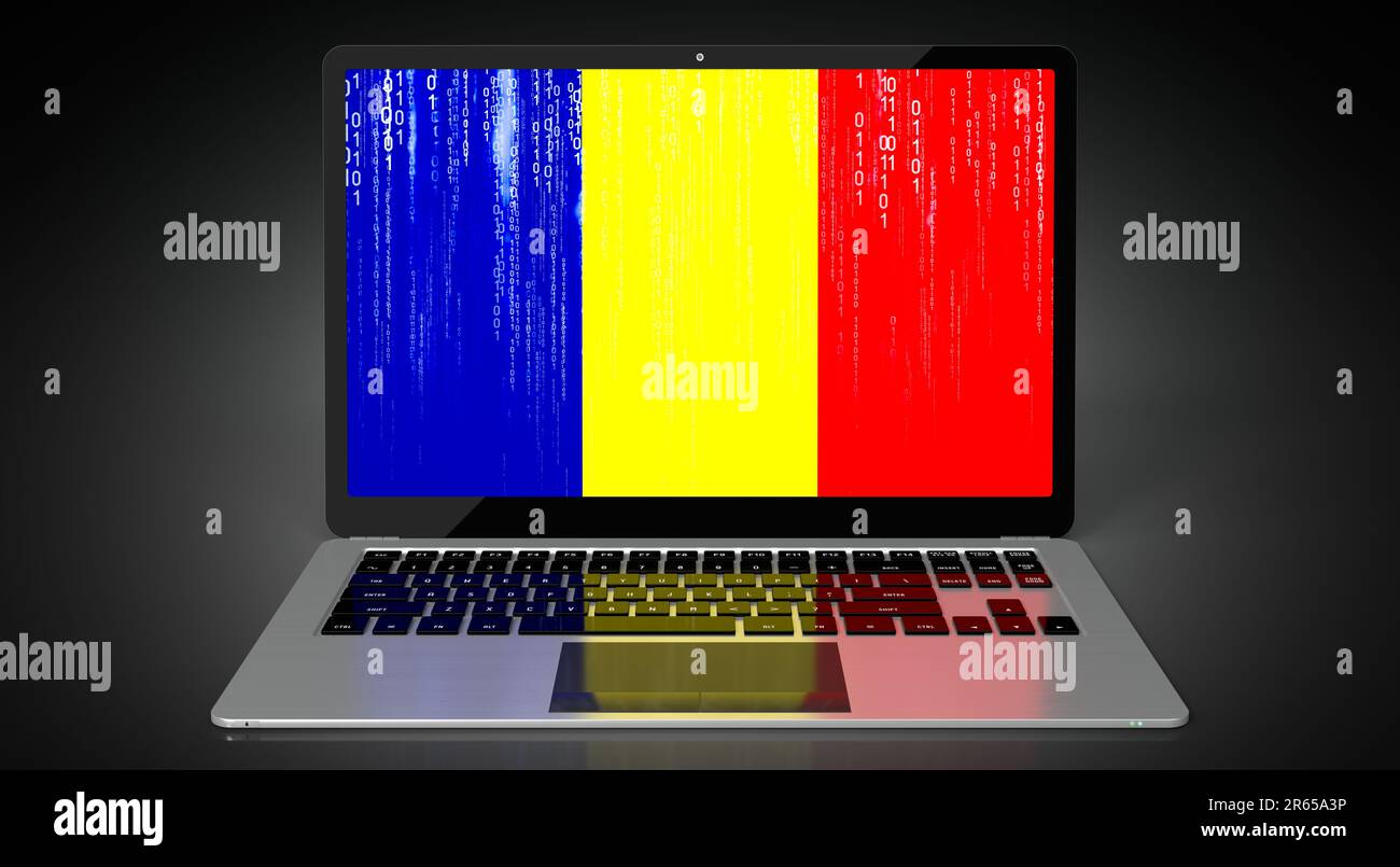 Romania - country flag and binary code on laptop screen - 3D ...