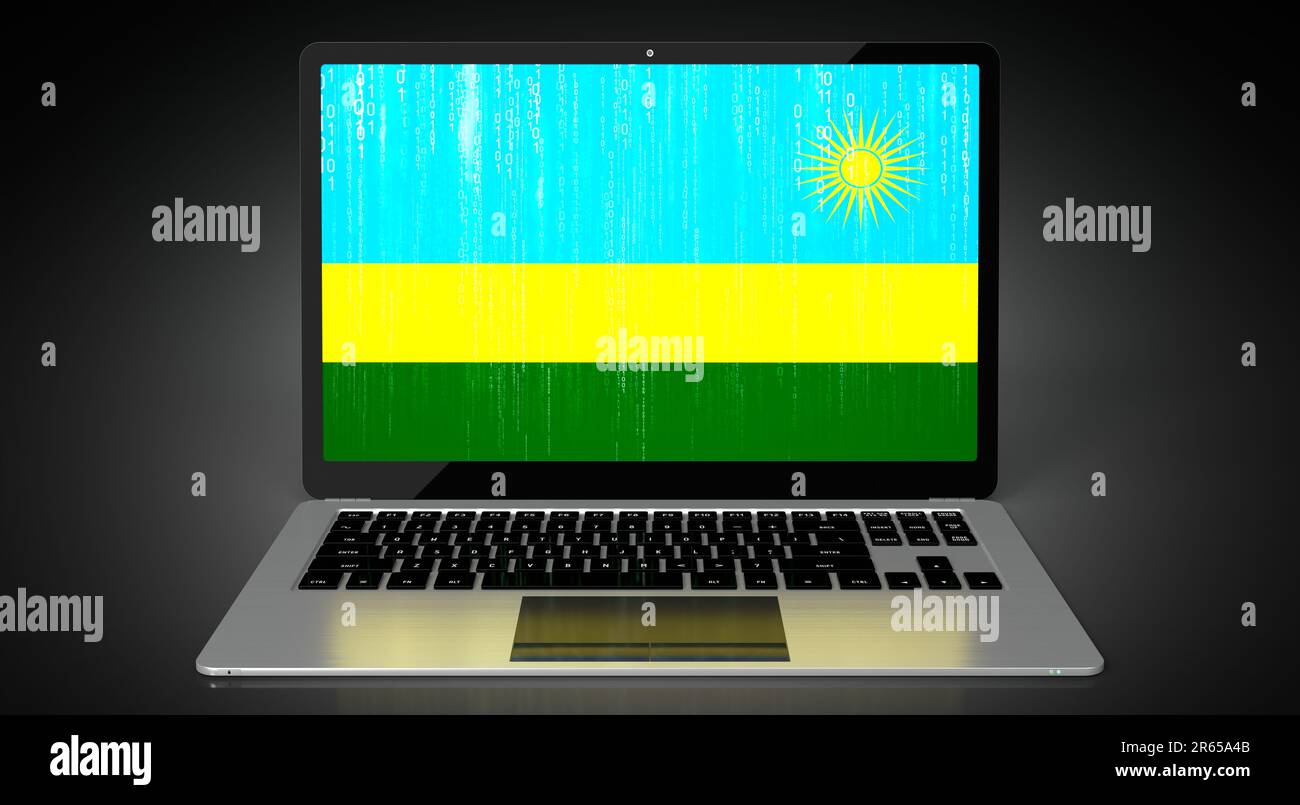 Rwanda - country flag and binary code on laptop screen - 3D ...