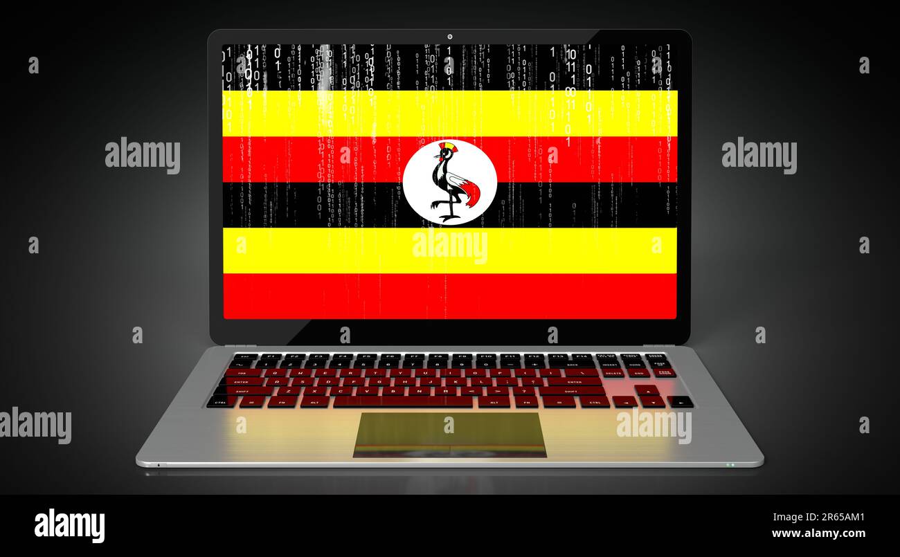 Uganda - country flag and binary code on laptop screen - 3D ...