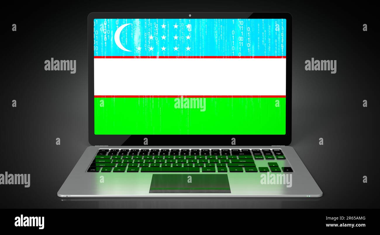 Uzbekistan - country flag and binary code on laptop screen - 3D ...