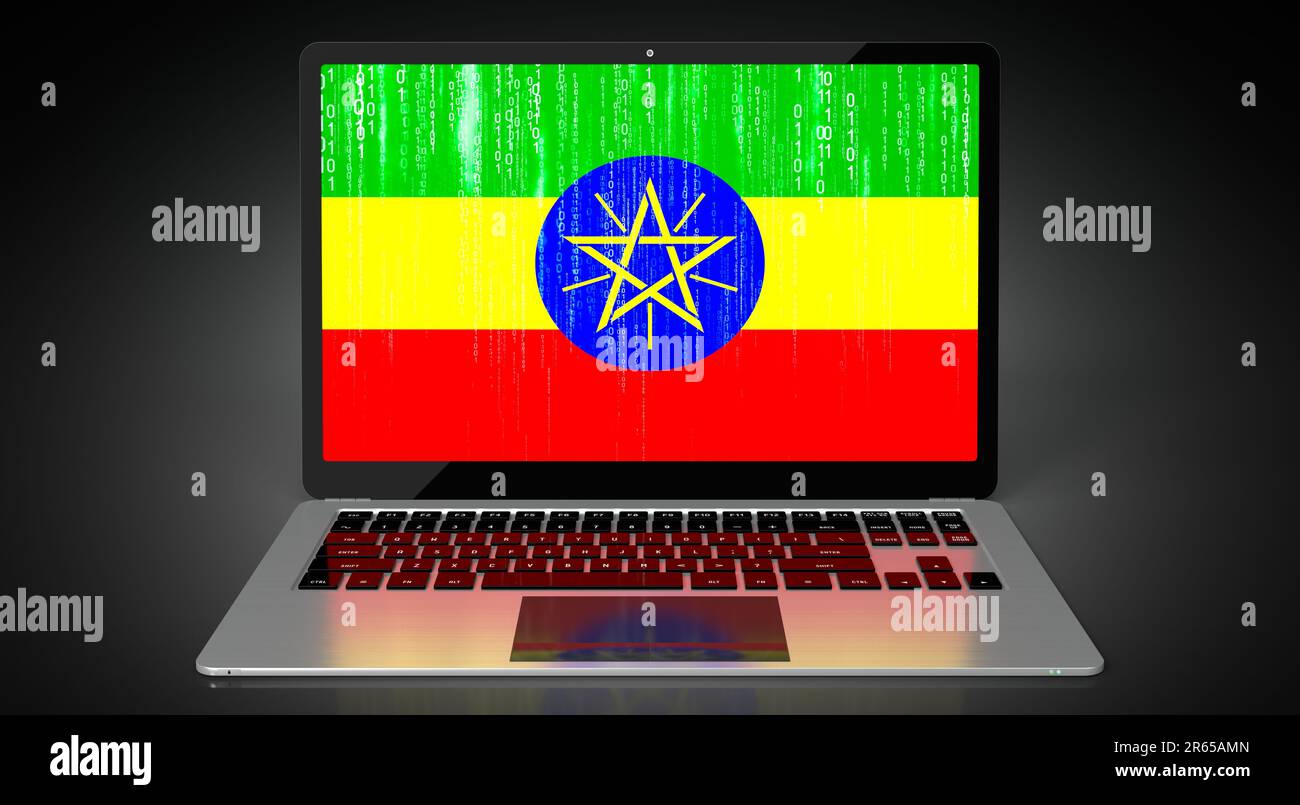 Ethiopia - country flag and binary code on laptop screen - 3D ...