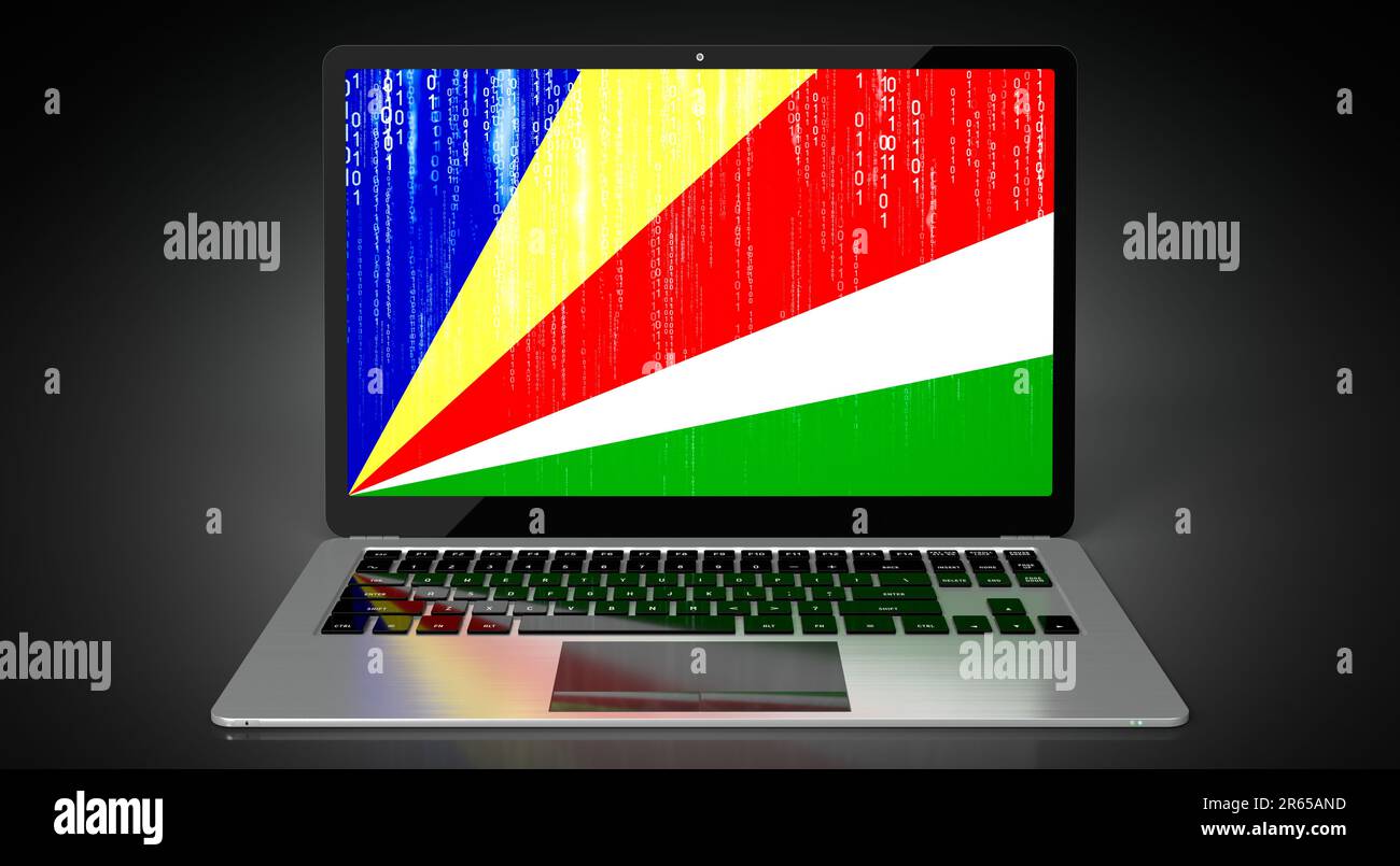 Seychelles - country flag and binary code on laptop screen - 3D ...