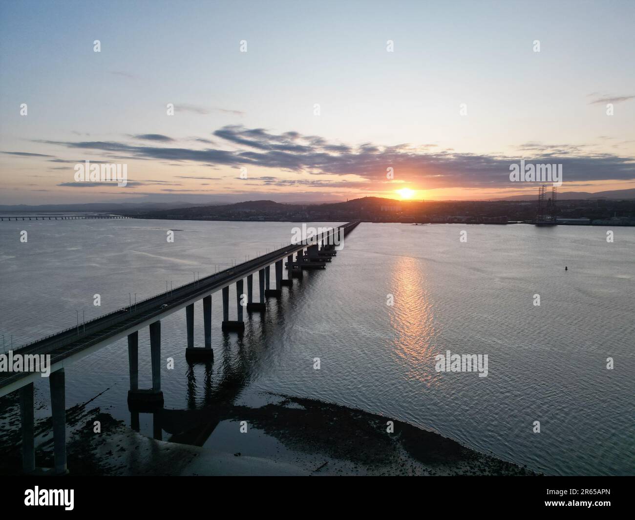An aerial view of Tay Road Bridge in Dundee, Scotland at sunset Stock ...