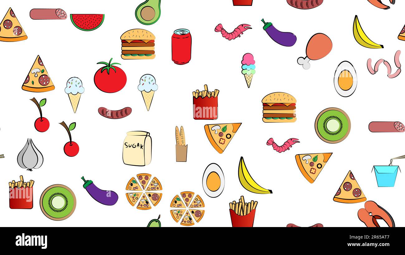 Endless white seamless pattern of delicious food and snack items icons ...