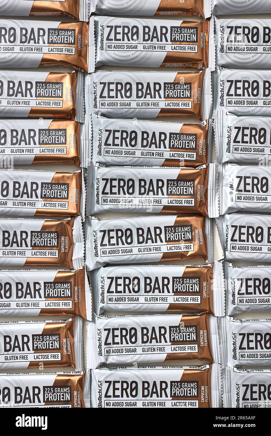Protein bars Biotech Zero Bar large amounts Stock Photo - Alamy