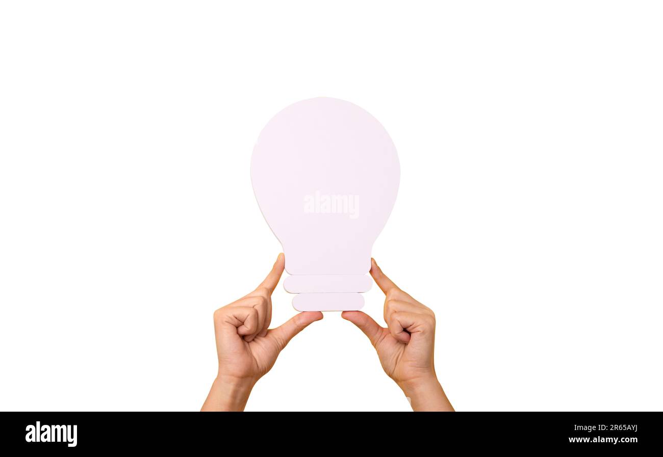 light bulb icon in hands isolated on white background Stock Photo - Alamy