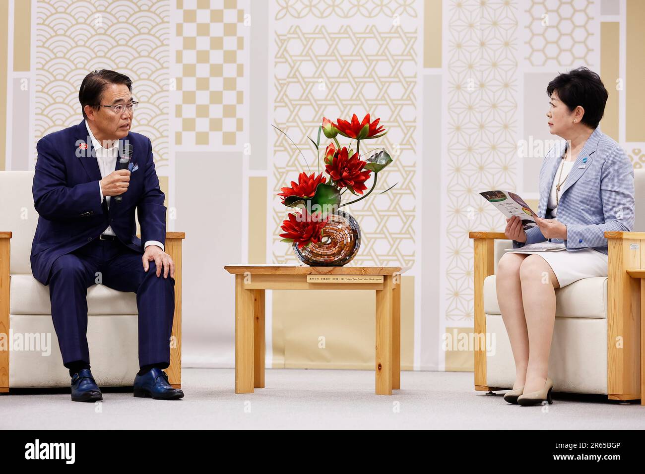 Tokyo, Japan. 7th June, 2023. (L to R) Hideaki Ohmura Governor of Aichi Prefecture talks with ...