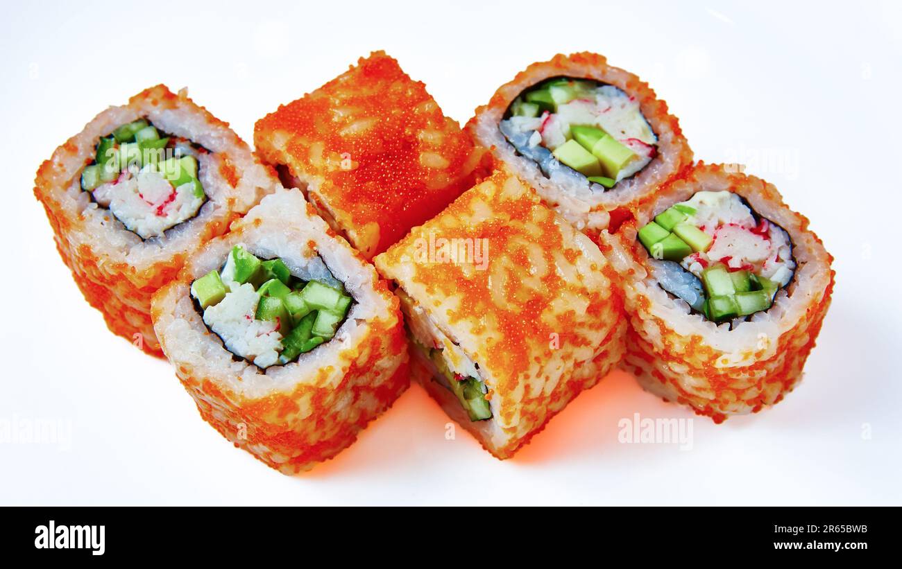 California Maki Sushi with Masago. Roll made of Crab Meat, Avocado ...