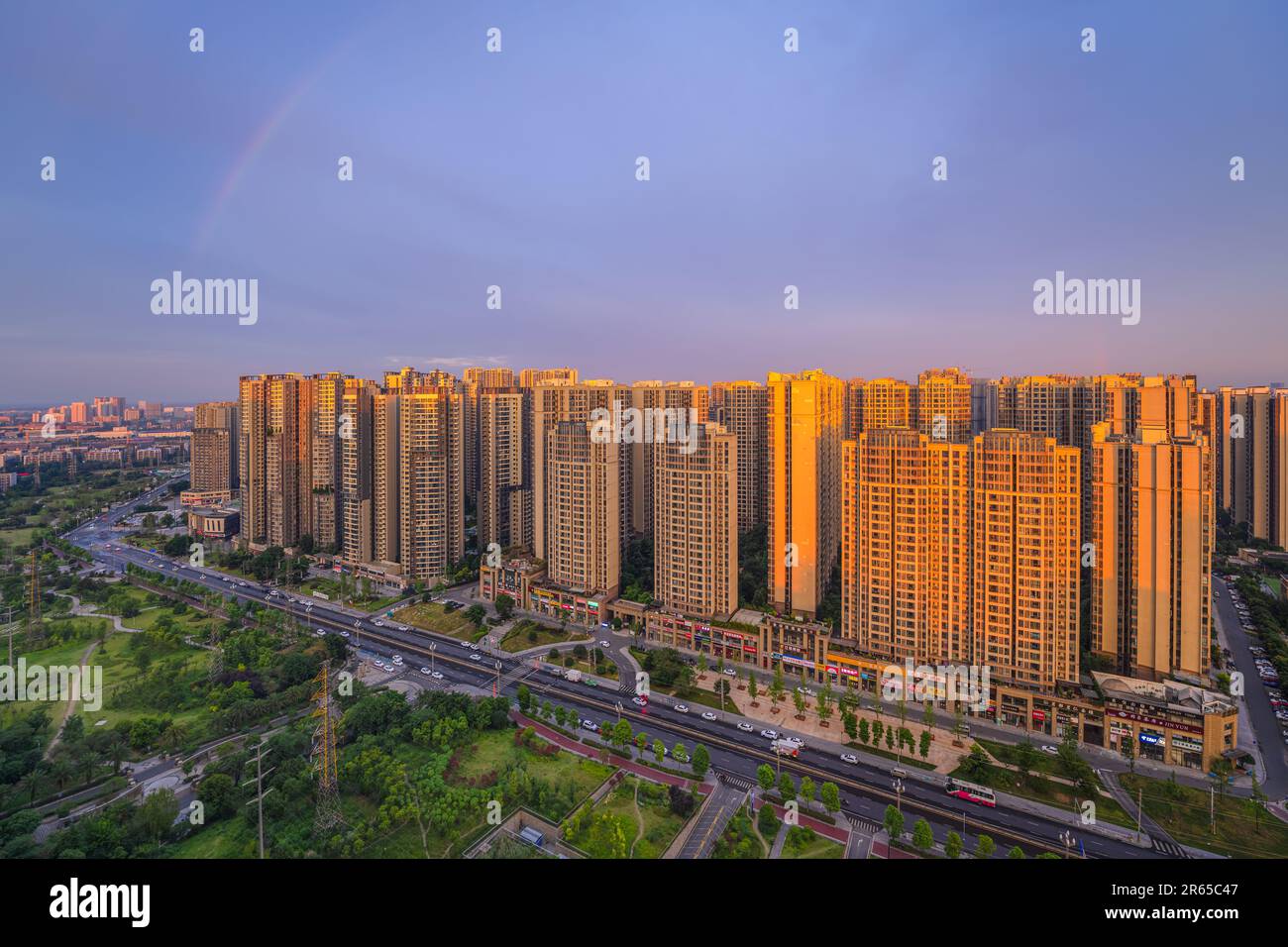 In the morning, the sunlight shone on the residential buildings in the ...