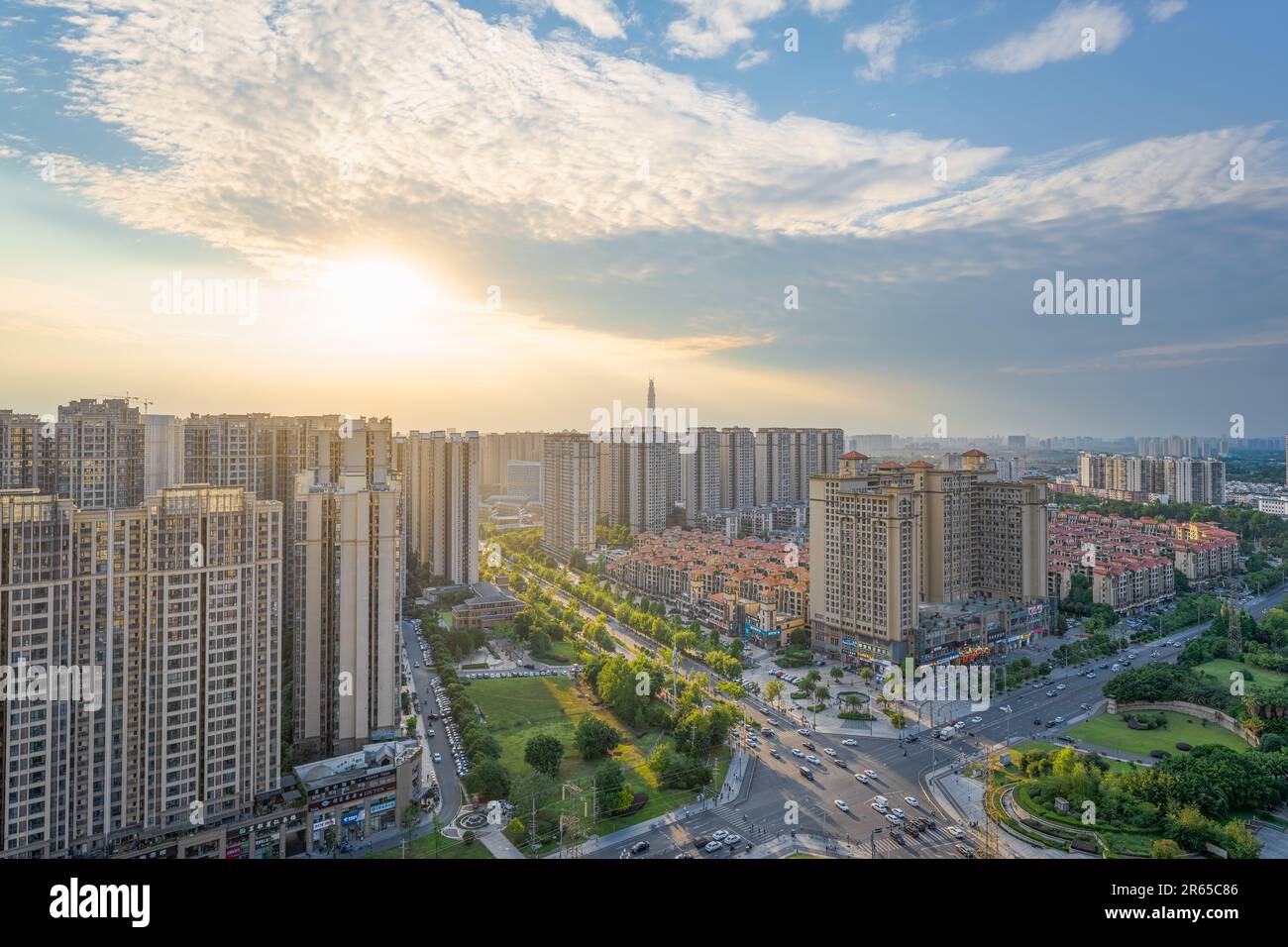 At sunset, the sunlight shone on the residential buildings in Chengdu ...