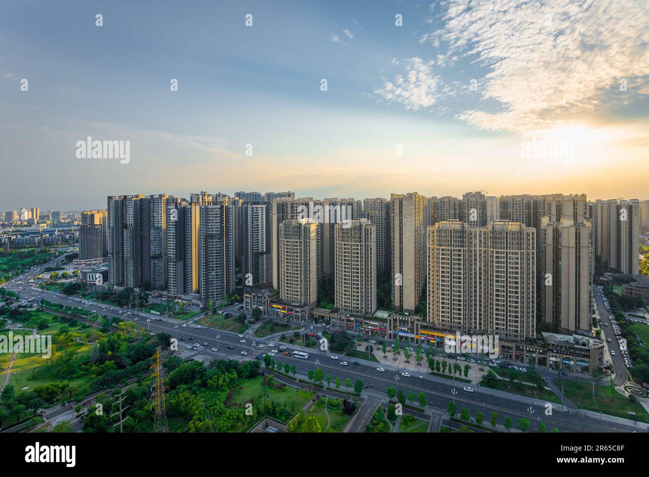 At sunset, the sunlight shone on the residential buildings in Chengdu ...