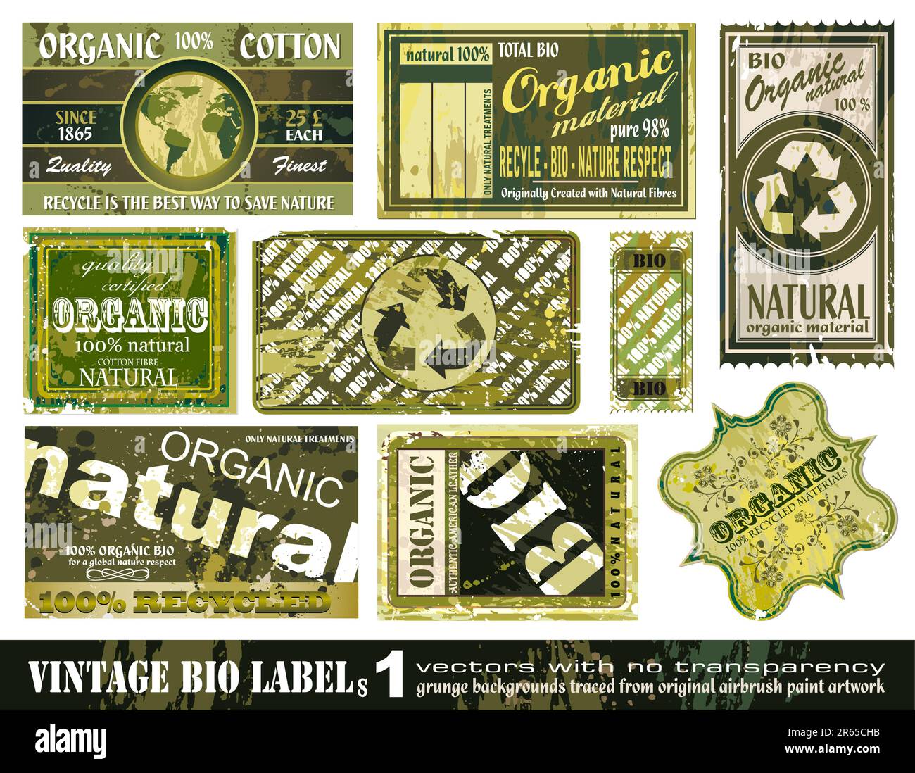 Vintage BIO labels collection with 9 grunge style sticker backgrounds ...