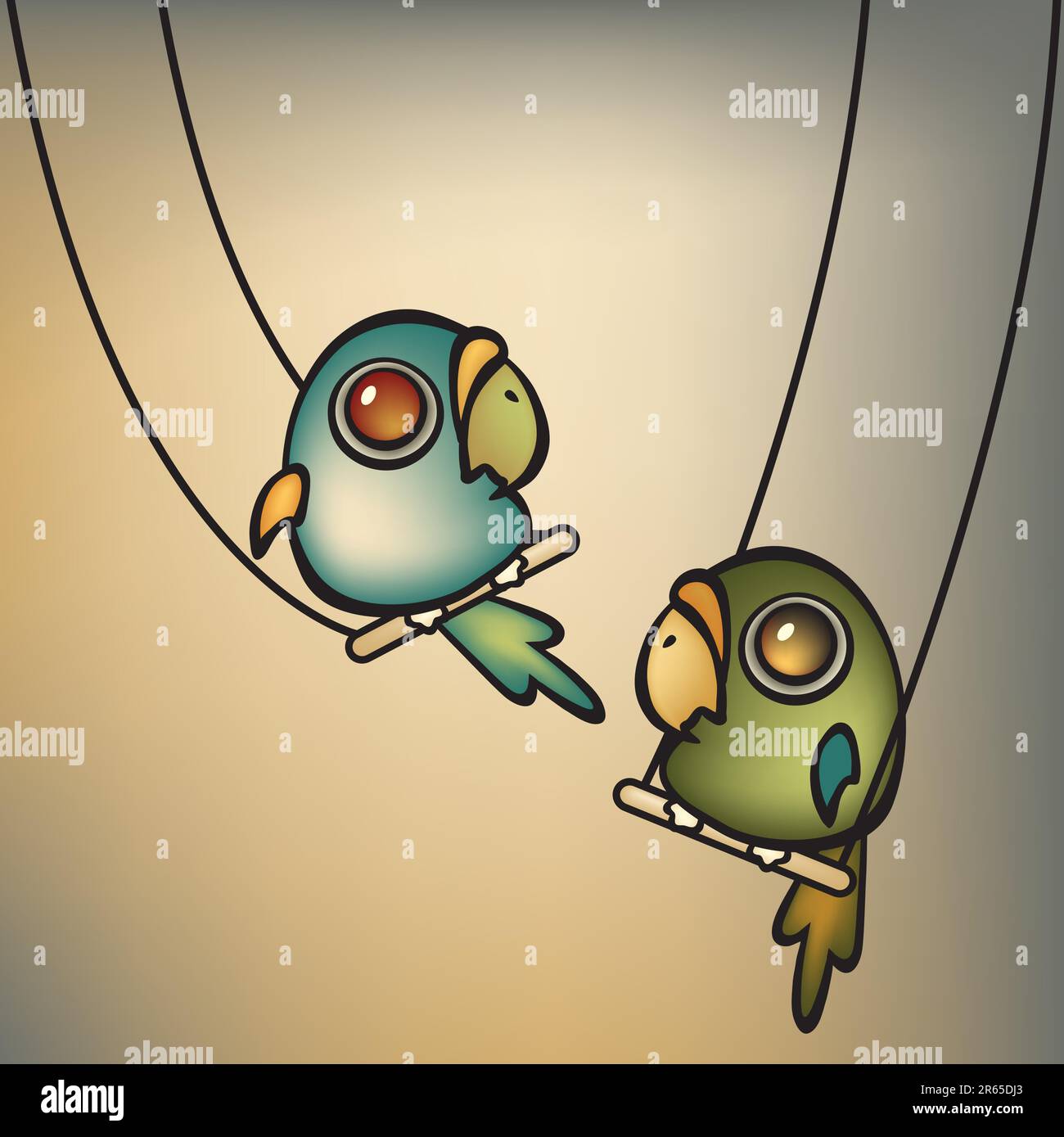 Editable vector illustration of two budgies on swinging perches Stock ...