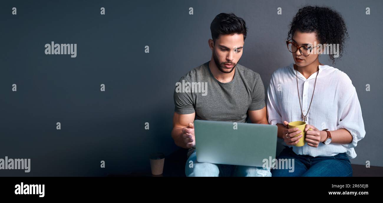 Employees, reading and laptop with mock up background with teamwork for ...