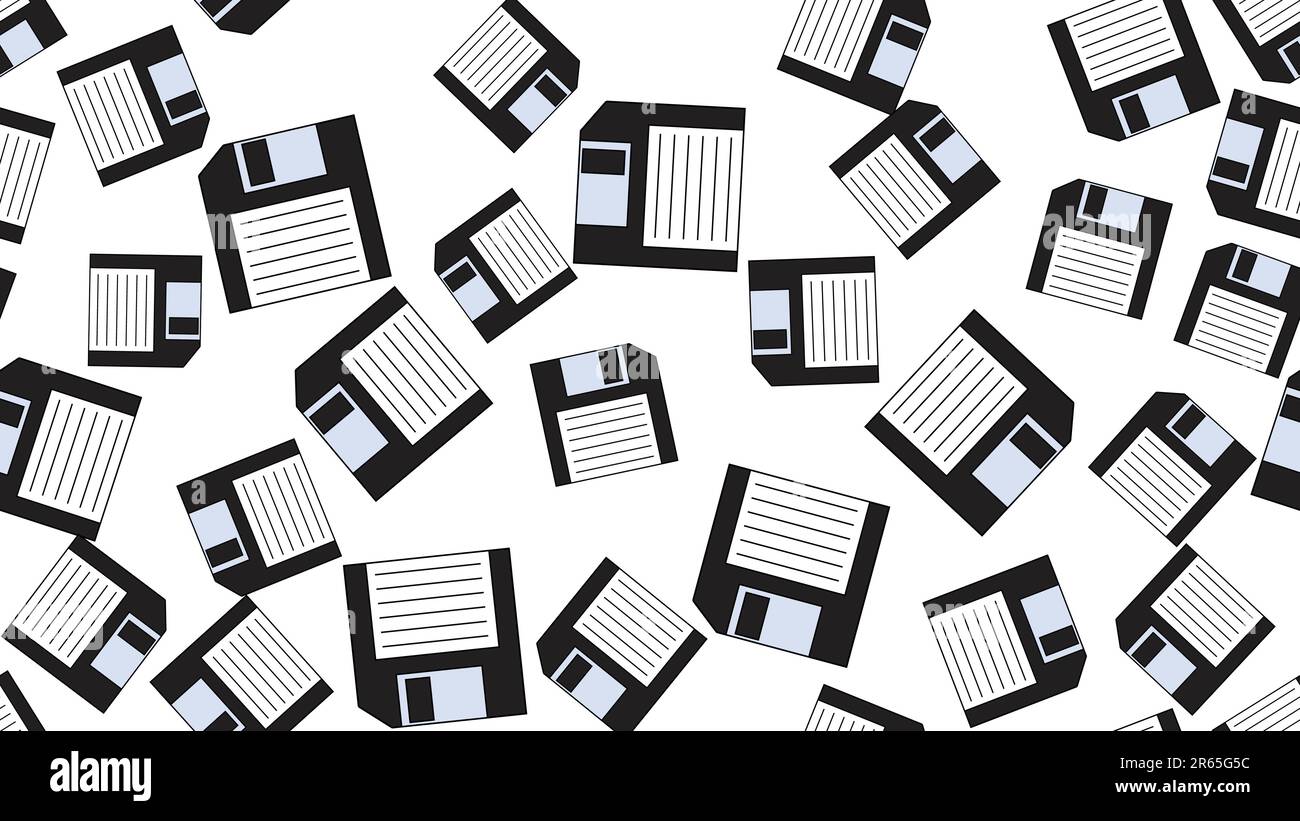Seamless pattern endless computer with old retro vintage white hipster floppy disks from 70s ...