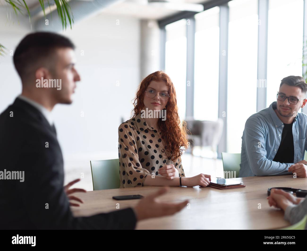 A diverse group of business professionals gathered at a modern office ...