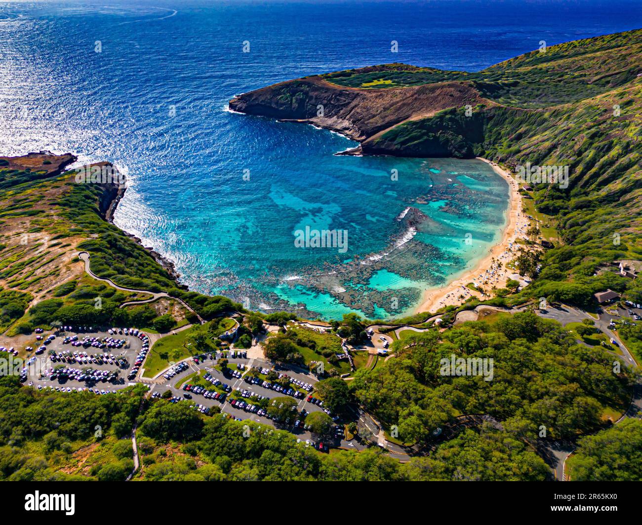 An aerial view of Hanauma Bay on the island of O'ahu in Hawaii Stock ...