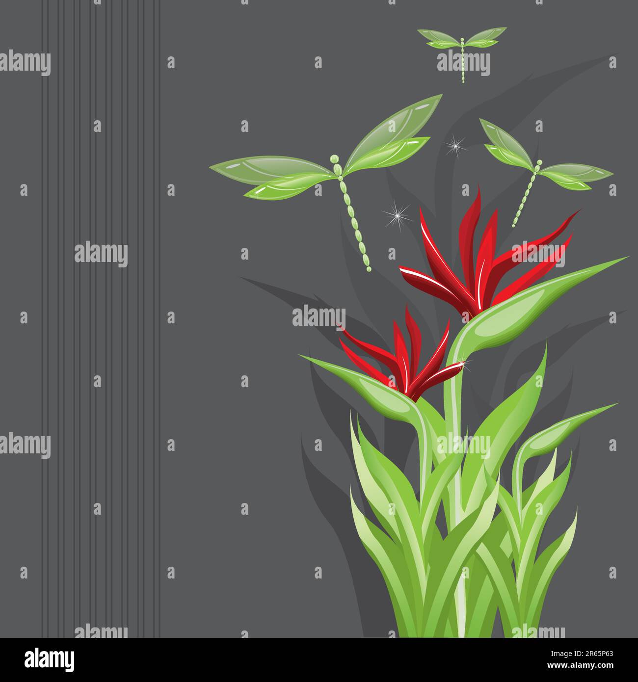 Illustration about flying dragonflies and blooming pretty, red flowers ...