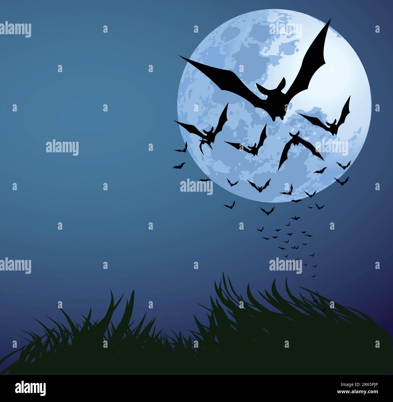 illustrations of halloween night with bats flying over blue moon Stock ...